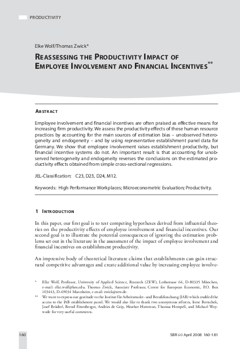 (PDF) Reassessing the Productivity Impact of Employee Involvement and Financial Incentives