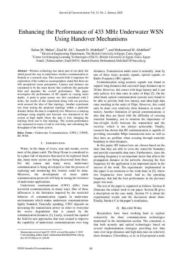 (PDF) Enhancing the Performance of 433 MHz Underwater WSN Using Handover Mechanisms