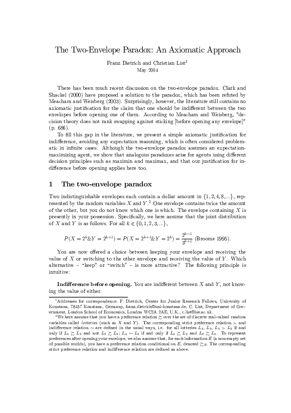 (PDF) The Two-Envelope Paradox: An Axiomatic Approach