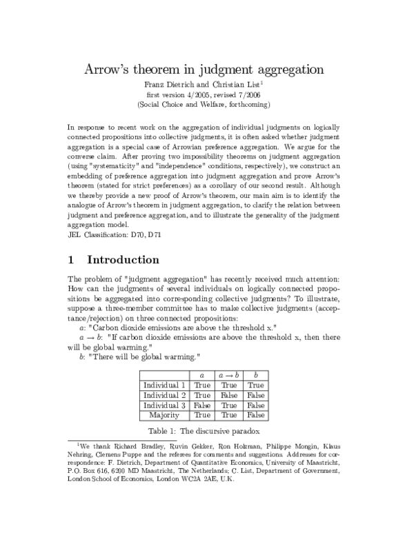 (PDF) Arrow’s theorem in judgment aggregation