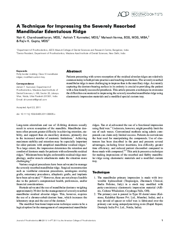 (PDF) A Technique for Impressing the Severely Resorbed Mandibular ...