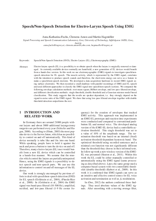 (PDF) Speech/Non-Speech Detection for Electro-Larynx Speech Using EMG | C. Amon - Academia.edu