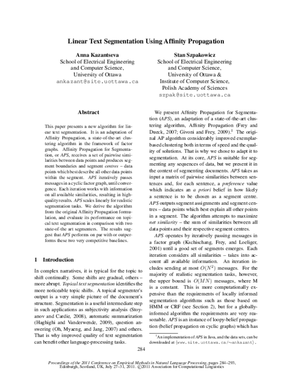Pdf Linear Text Segmentation Using Affinity Propagation 0880