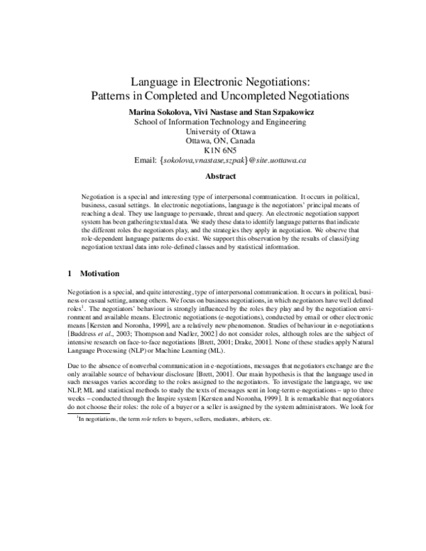 (PDF) Language in electronic negotiations: patterns in completed and uncompleted negotiations