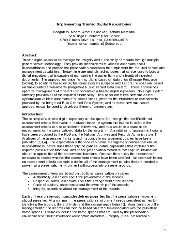 (PDF) Implementing Trusted Digital Repositories