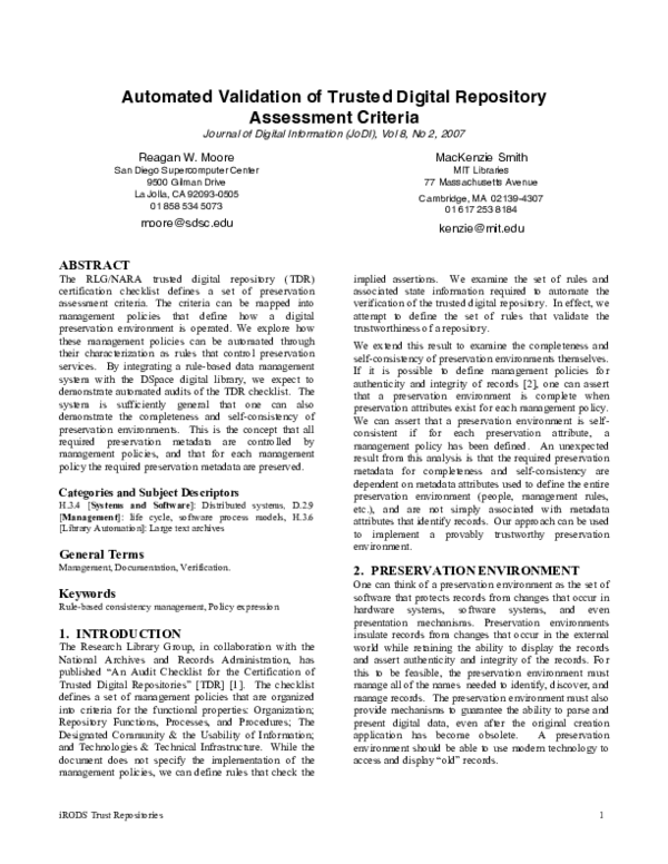 (PDF) Automated validation of trusted digital repository assessment ...