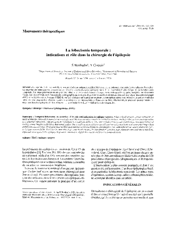 (PDF) La lobectomie temporale: indications et rôle dans la chirurgie de ...