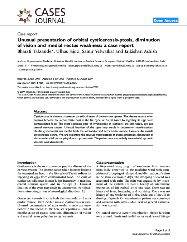 (PDF) Unusual presentation of orbital cysticercosis-ptosis, diminution ...