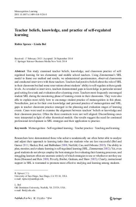 (PDF) Teacher beliefs, knowledge, and practice of self-regulated learning