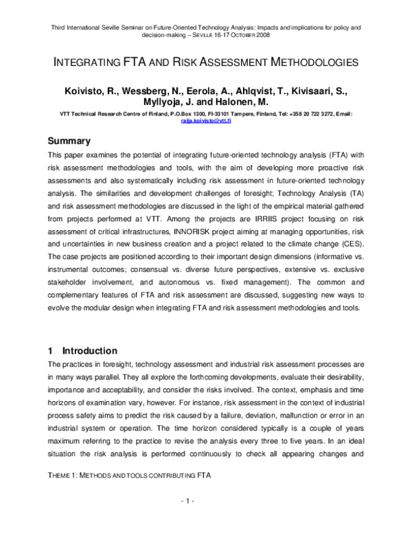 (PDF) Integrating Fta and Risk Assessment Methodologies