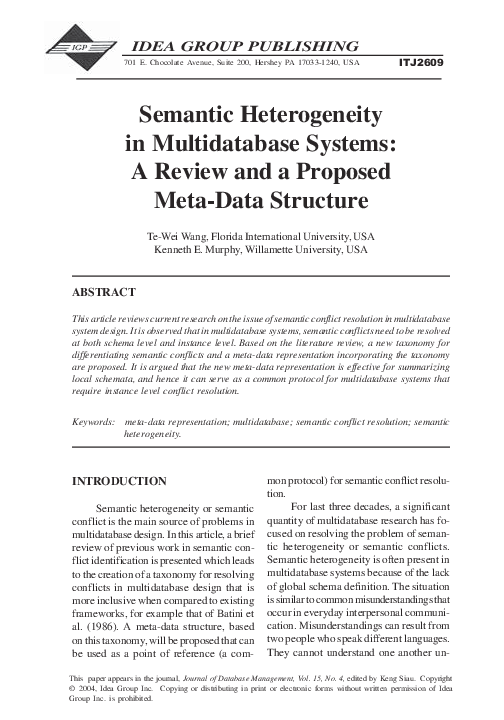 (PDF) Semantic Heterogeneity in Multidatabase Systems: A Review and a Proposed Meta-Data Structure