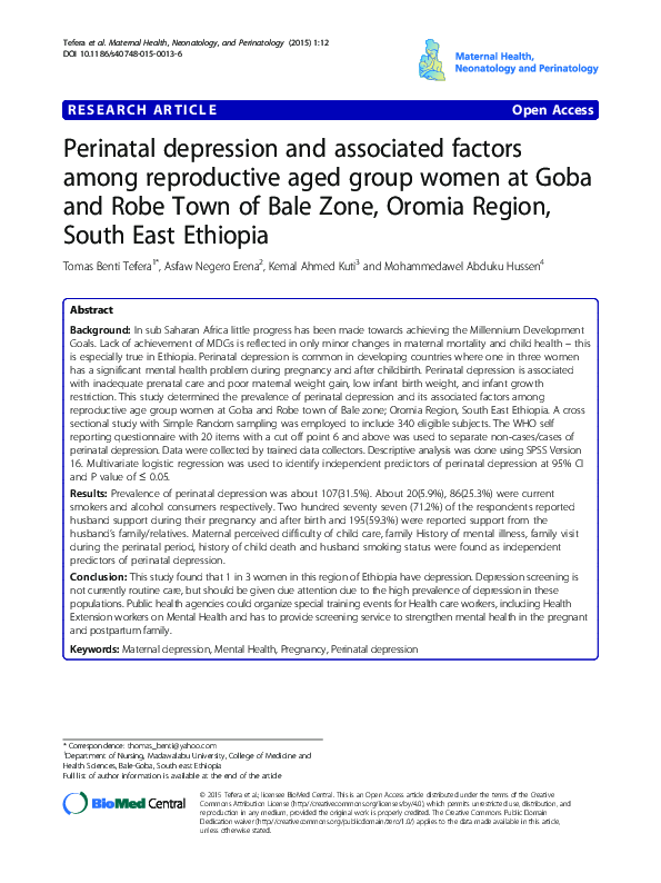 (PDF) Perinatal depression and associated factors among reproductive ...
