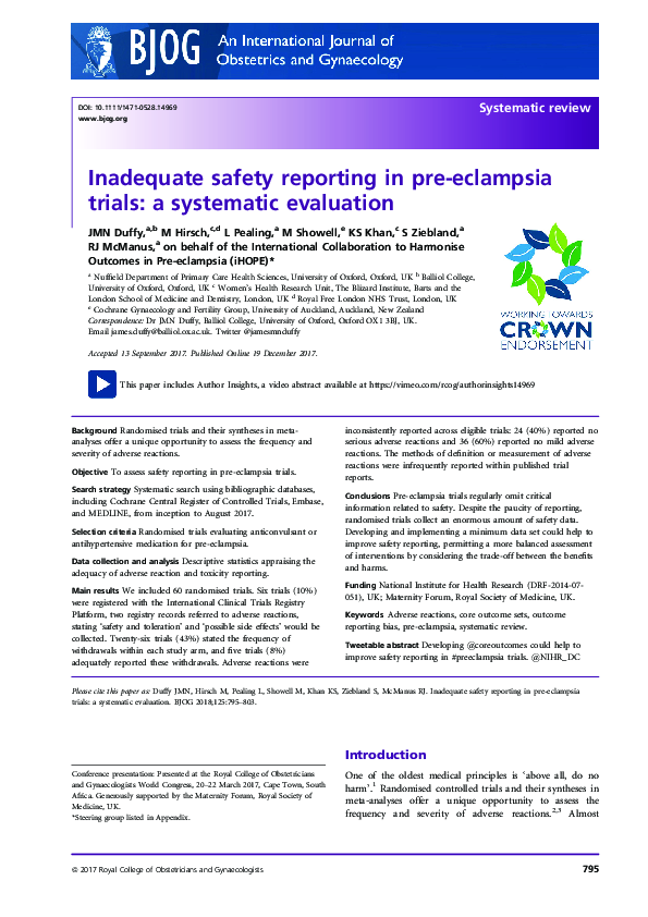 (PDF) Inadequate safety reporting in pre-eclampsia trials. A systematic ...