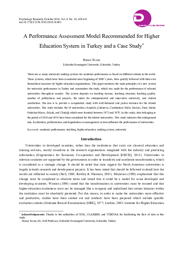 (PDF) A Performance Assessment Model Recommended for Higher Education ...
