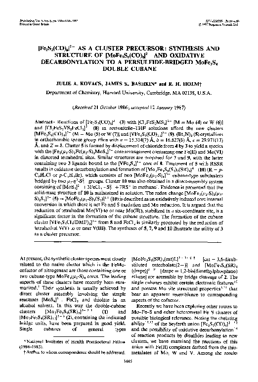 (PDF) [Fe2S2(CO)6]2− as a cluster precursor: synthesis and structure of ...