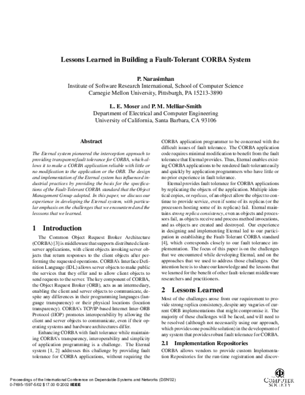 Pdf Lessons Learned In Building A Fault Tolerant Corba System Louise Moser