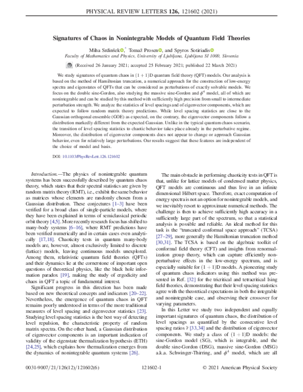 (PDF) Signatures of Chaos in Nonintegrable Models of Quantum Field Theories