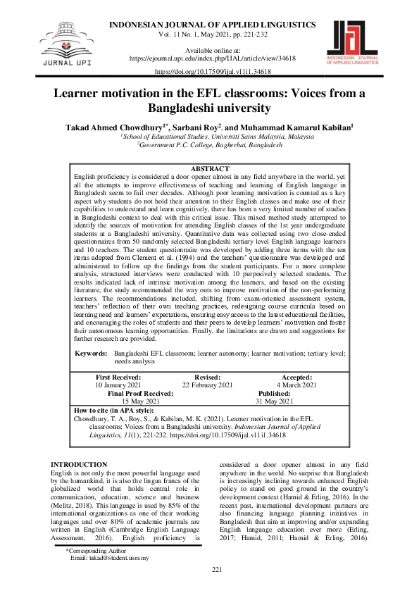 (PDF) Learner motivation in the EFL classrooms: Voices from a ...
