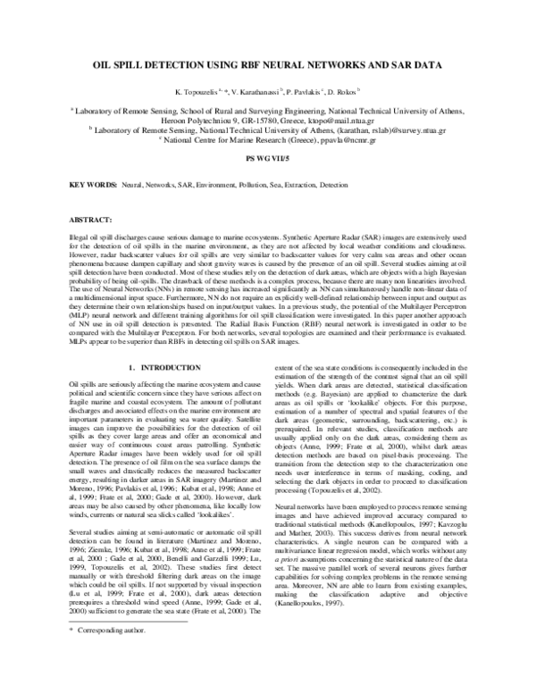 Pdf Oil Spill Detection Using Rbf Neural Networks And Sar Data