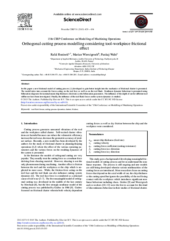 Pdf Orthogonal Cutting Process Modelling Considering Tool Workpiece