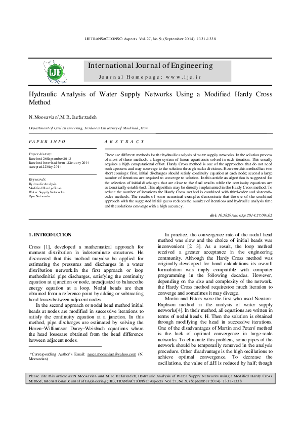 Pdf Hydraulic Analysis Of Water Supply Networks Using A Modified Hardy Cross Method