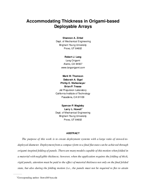 Pdf Accommodating Thickness In Origami Based Deployable Arrays