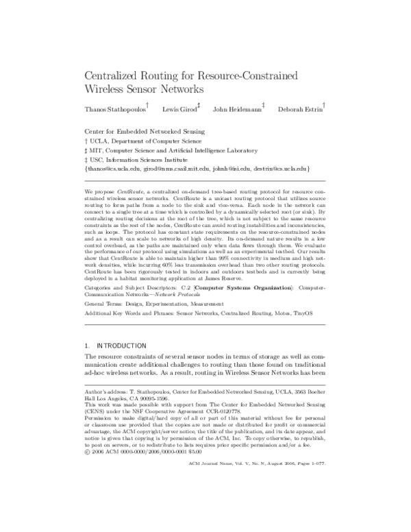 Pdf Centralized Routing For Resource Constrained Wireless Sensor
