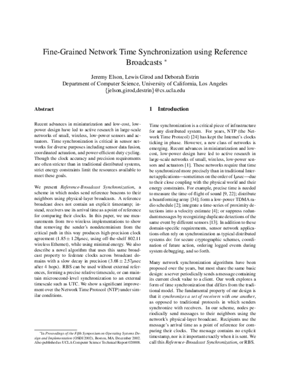 (PDF) Fine-grained network time synchronization using reference broadcasts