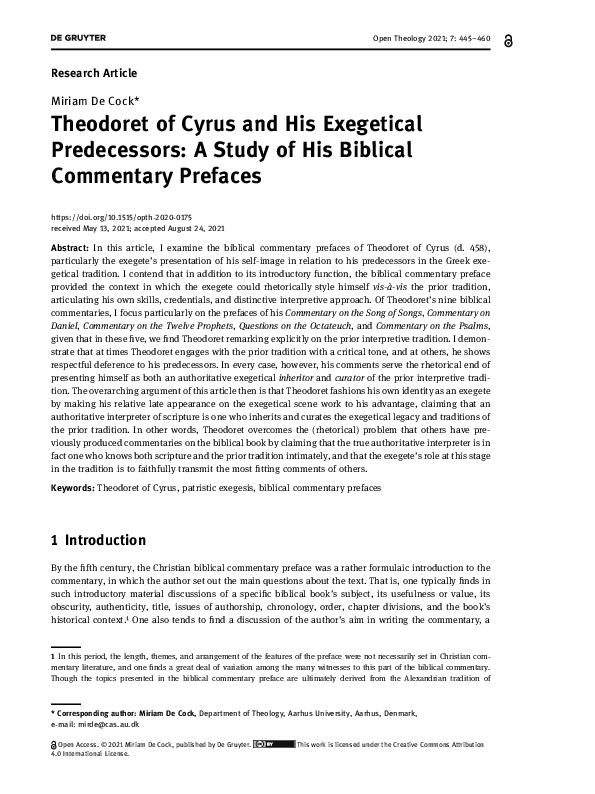 (PDF) Theodoret of Cyrus and His Exegetical Predecessors: A Study of ...