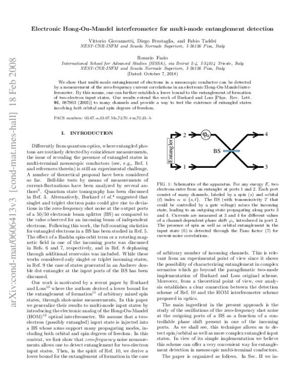 (PDF) Electronic Hong-Ou-Mandel interferometer for multimode entanglement detection | Diego ...