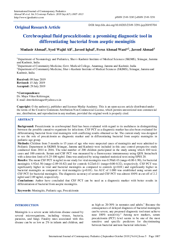 (PDF) Cerebrospinal fluid procalcitonin: a promising diagnostic tool in ...