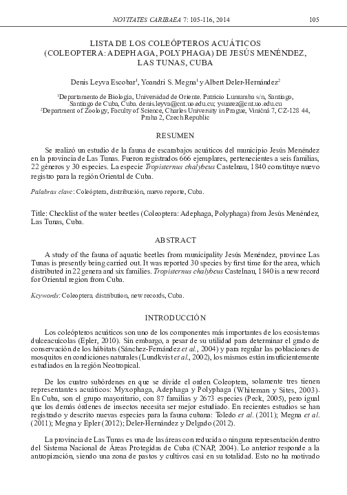 (PDF) Lista de los coleópteros acuáticos (Coleoptera: Adephaga ...