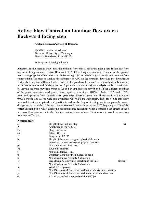 (PDF) Active Flow Control on Laminar flow over a Backward facing step