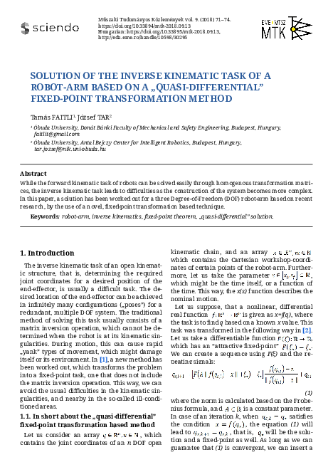 (PDF) Solution of the Inverse Kinematic Task of a Robot-Arm Based on “Quasi-Differential” Fixed ...