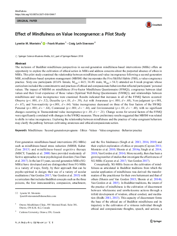 (PDF) Effect of Mindfulness on Value Incongruence: a Pilot Study