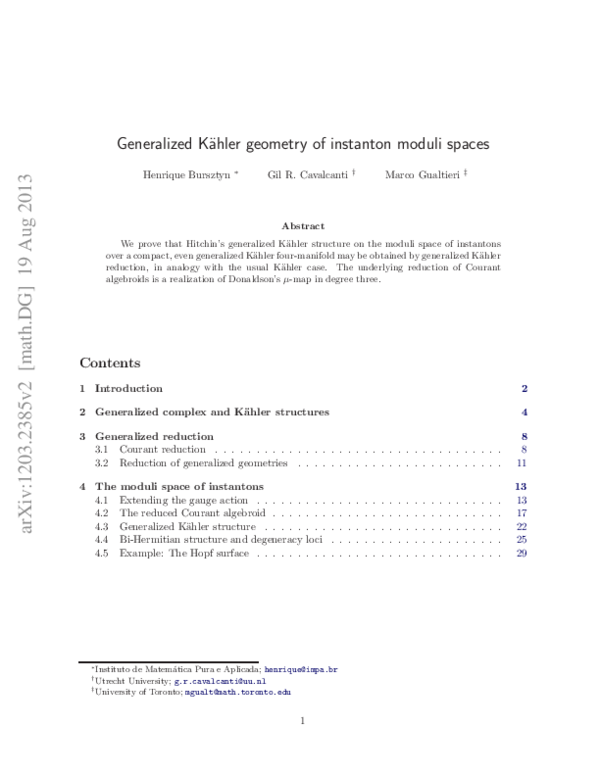 (PDF) Generalized Kaehler geometry of instanton moduli spaces