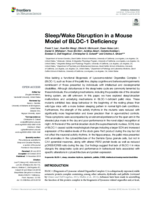 (PDF) Sleep/Wake Disruption in a Mouse Model of BLOC-1 Deficiency