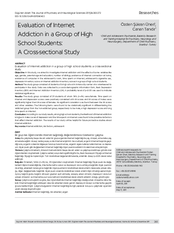 (PDF) Evaluation of internet addiction in a group of high school ...