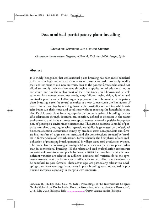 Pdf Decentralized Participatory Plant Breeding
