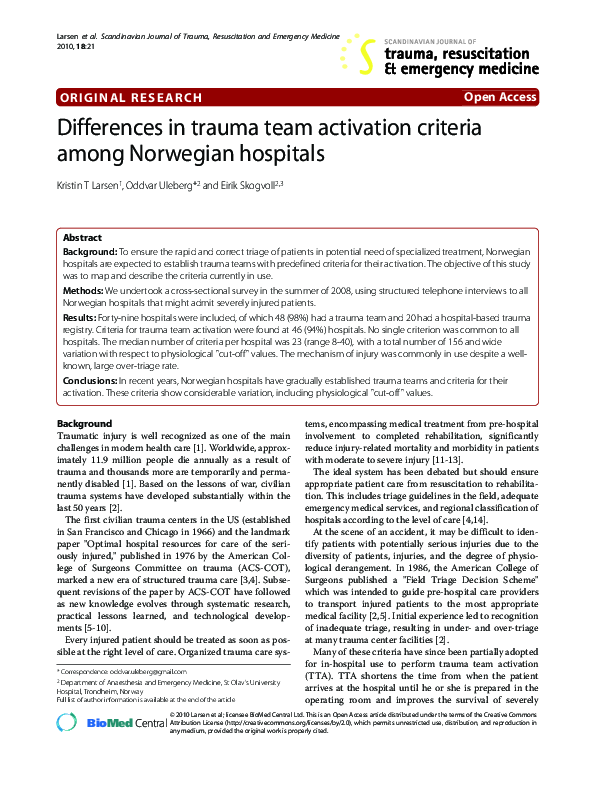 (PDF) Differences in trauma team activation criteria among Norwegian ...