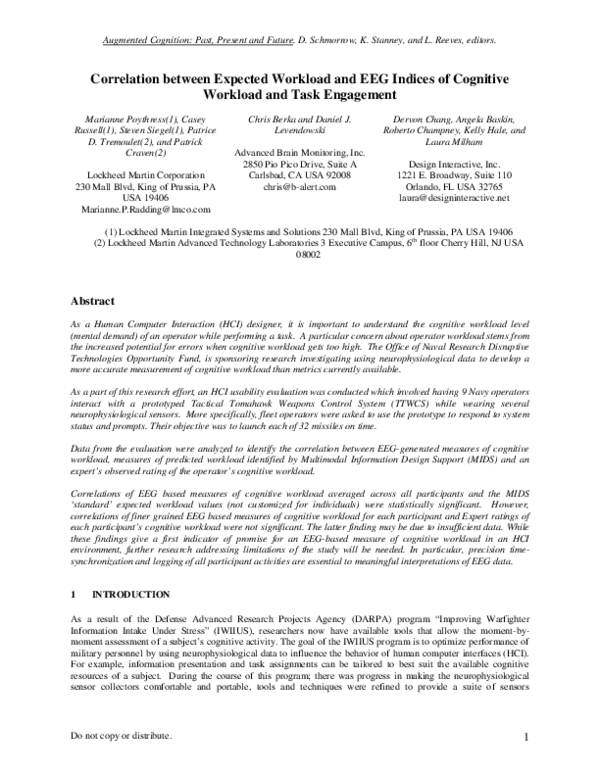 Pdf Correlation Between Expected Workload And Eeg Indices Of Cognitive Workload And Task