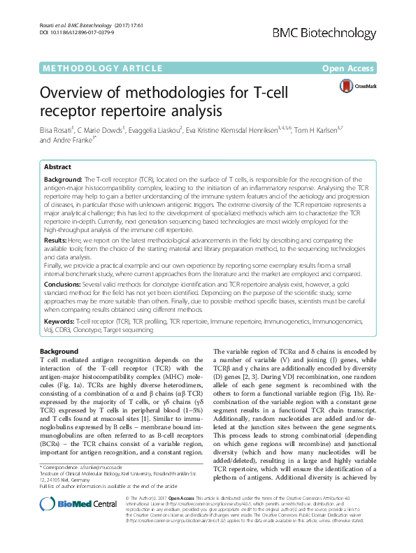 (PDF) Overview of methodologies for T-cell receptor repertoire analysis