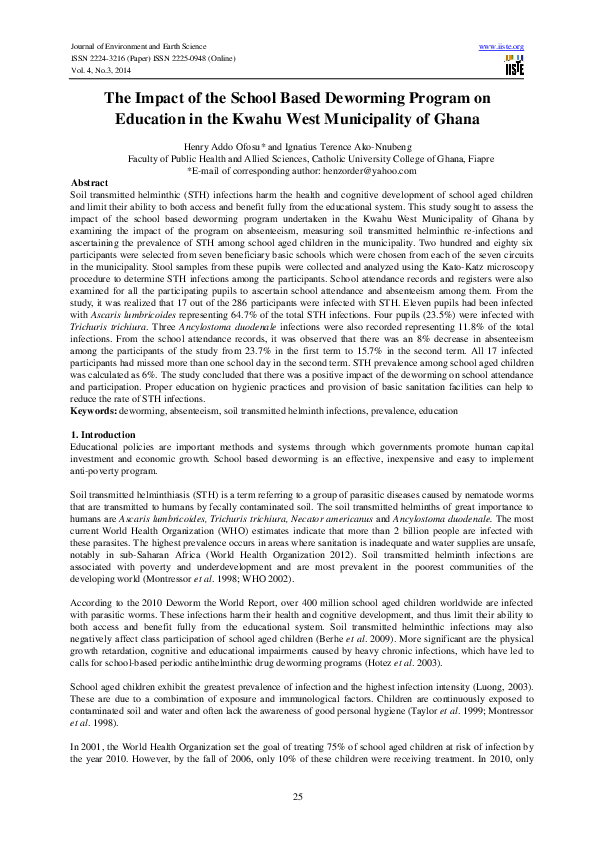 (PDF) The Impact of the School Based Deworming Program on Education in ...