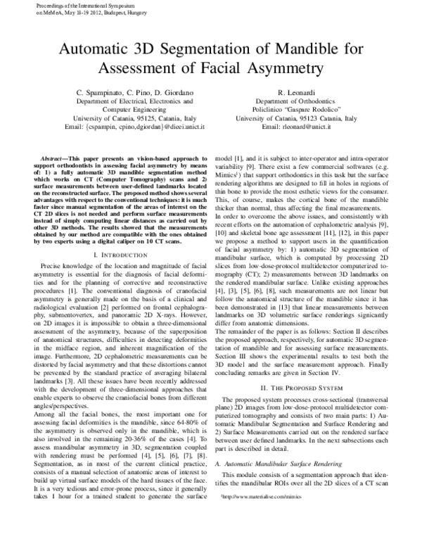 (PDF) Automatic 3D segmentation of mandible for assessment of facial asymmetry
