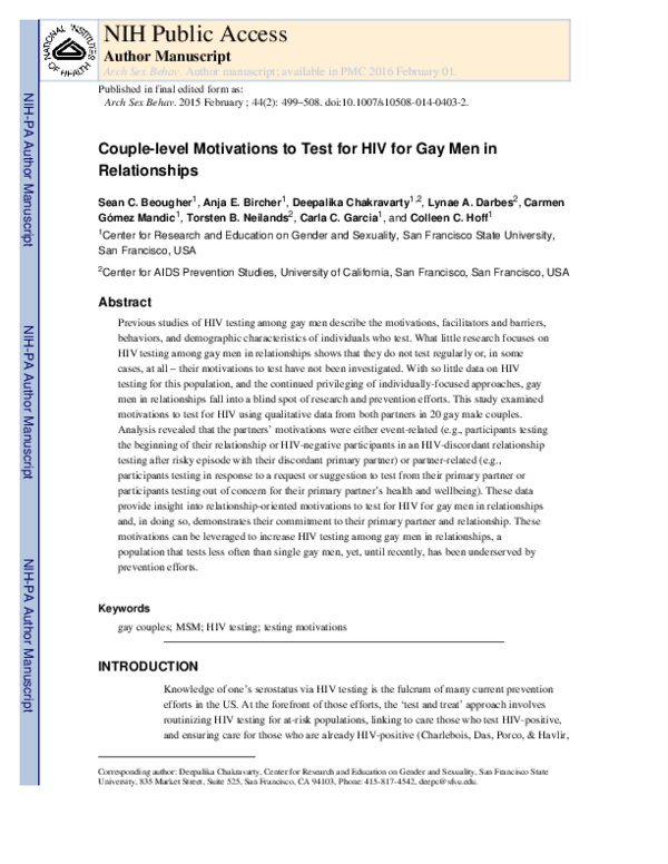 (PDF) Motivations to Test for HIV Among Partners in Concordant HIV ...