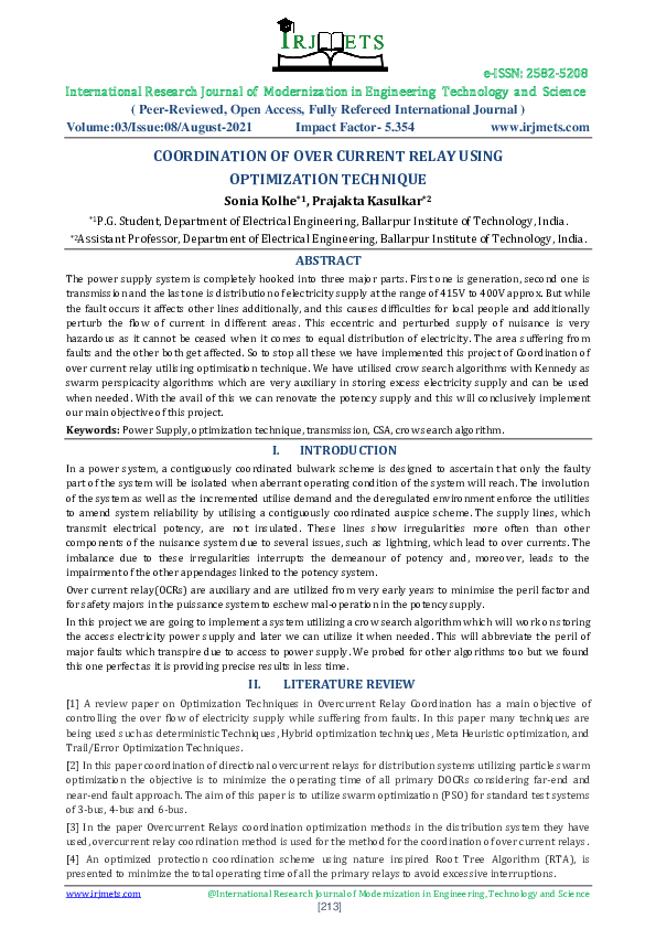 Pdf Coordination Of Over Current Relay Using Optimization Technique