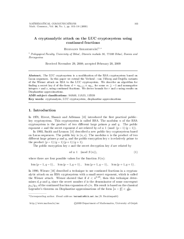 (PDF) A cryptanalytic attack on the LUC cryptosystem using continued fractions