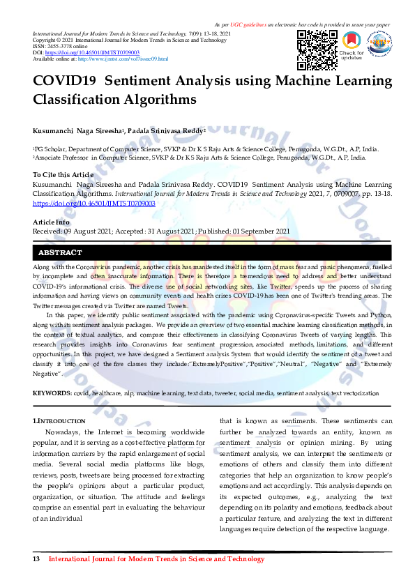 (PDF) COVID19 Sentiment Analysis using Machine Learning Classification Algorithms | IJMTST ...
