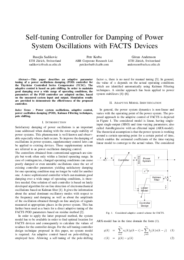 (PDF) Self-tuning controller for damping of power system oscillations with FACTS devices