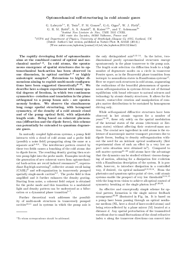 (PDF) Optomechanical self-structuring in a cold atomic gas